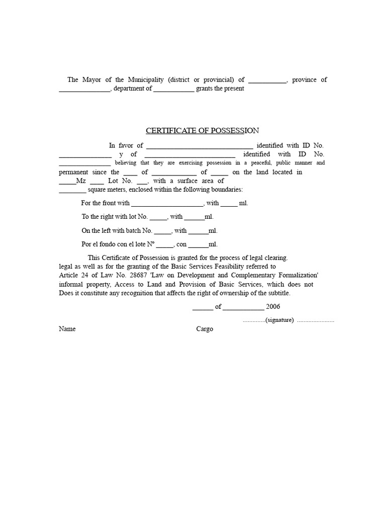 Certificate of Possession | PDF