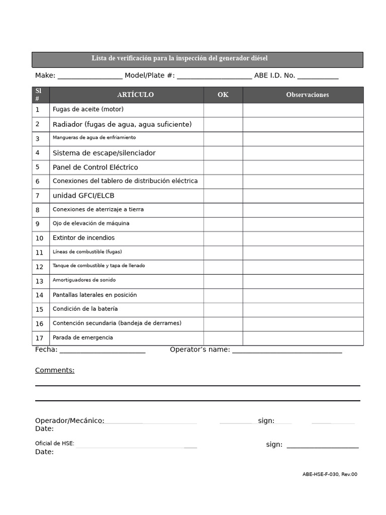 Inspección de Generador Diésel: Checklist | PDF
