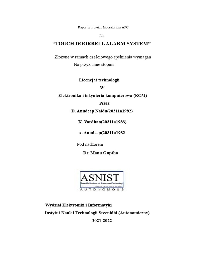 System Alarmowy Z Dzwonkiem Dotykowym | PDF