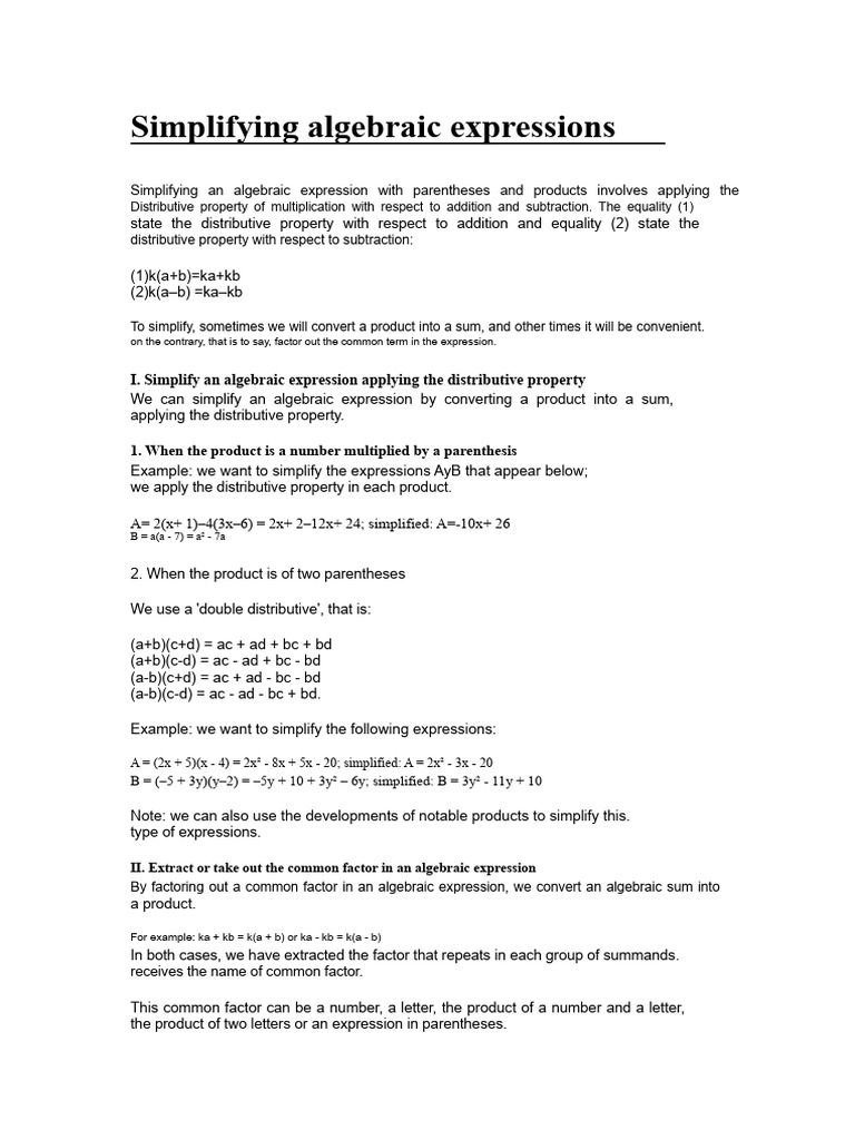 Simplifying Algebraic Expressions Guide | PDF | Factorization ...