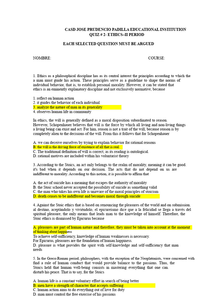 Quiz # 2-Ethics | PDF | Stoicism | Reason