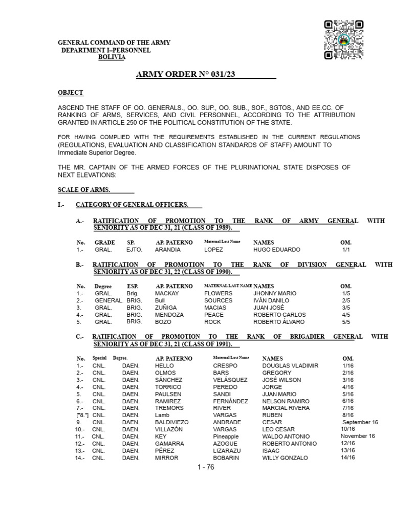 Bolivia Army Promotions Order 031/23 | PDF | Military | Military Rank