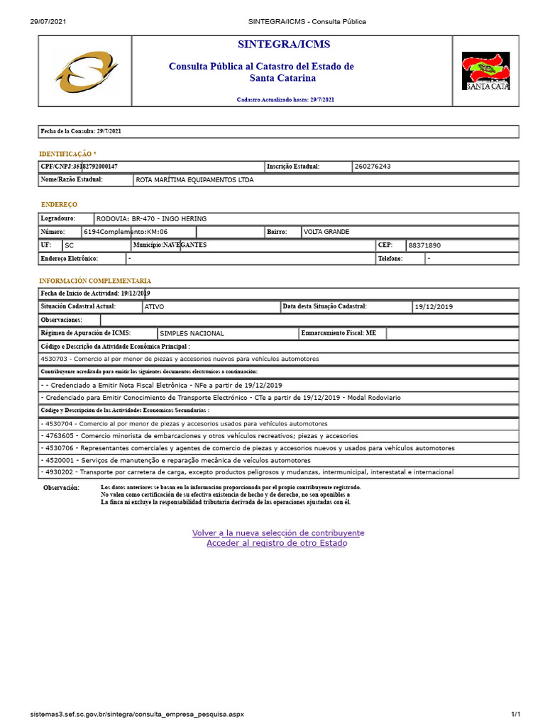 SINTEGRA - ICMS - Consulta Pública | PDF | Economias