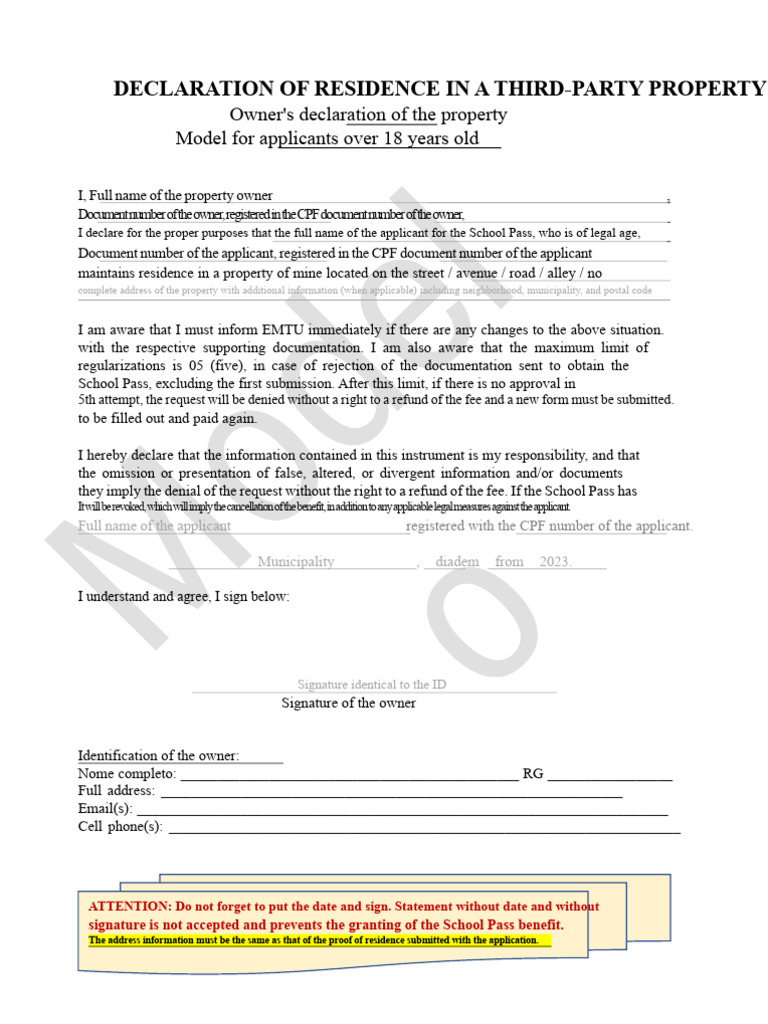 Declaration of Residence in A Third-Party Property | PDF | Identity Document