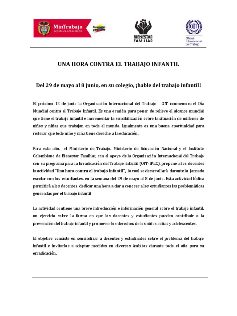 Una Hora Contra El Trabajo Infantil | PDF | Trabajo infantil | Adolescencia