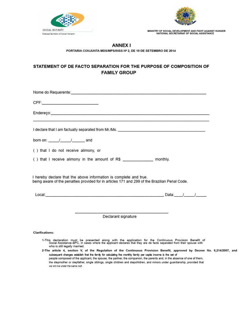 DECLARATION OF DE FACTO SEPARATION | PDF | Stepfamily | Social Institutions