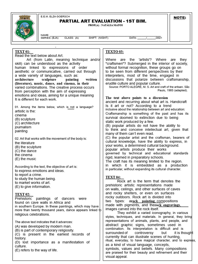 PARTIAL ART EXAM - INTRODUCTION TO ART, ROCK ART - 1st TERM. | PDF ...