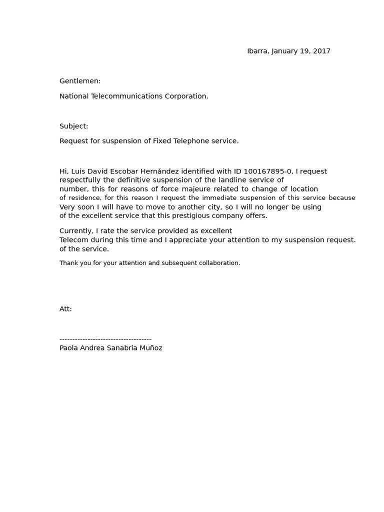 Request For Suspension of Telecom Services | PDF