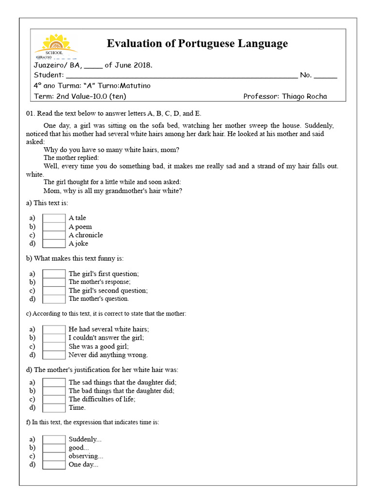 Portuguese Language Assessment 4th Year 2nd Unit | PDF | Noun ...