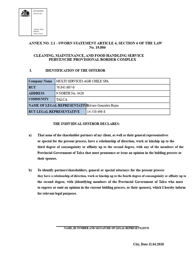 Annex #2-1 - Affidavit Article 4 Section 6 Law 19886 | PDF