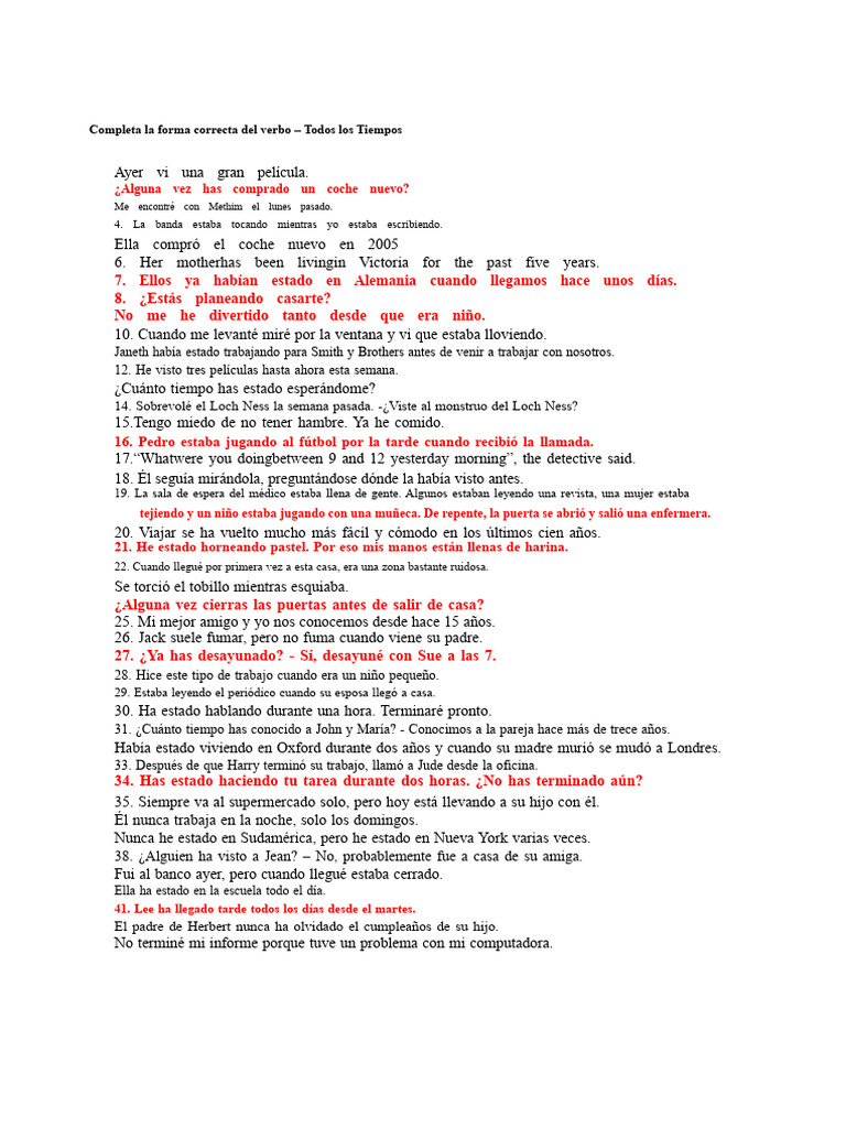 Ejercicios de Verbos en Todos los Tiempos | PDF