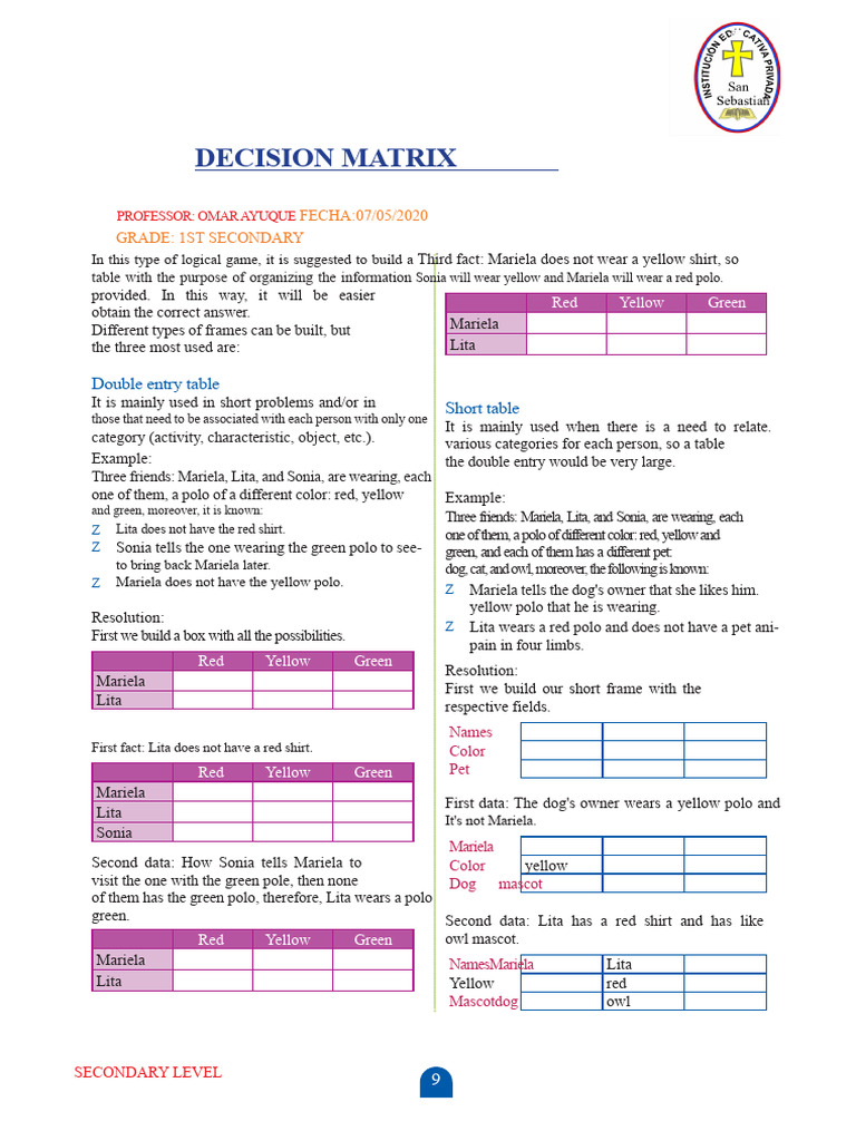 Decision-Making Chart 1ST Year of Secondary School | PDF | Chess