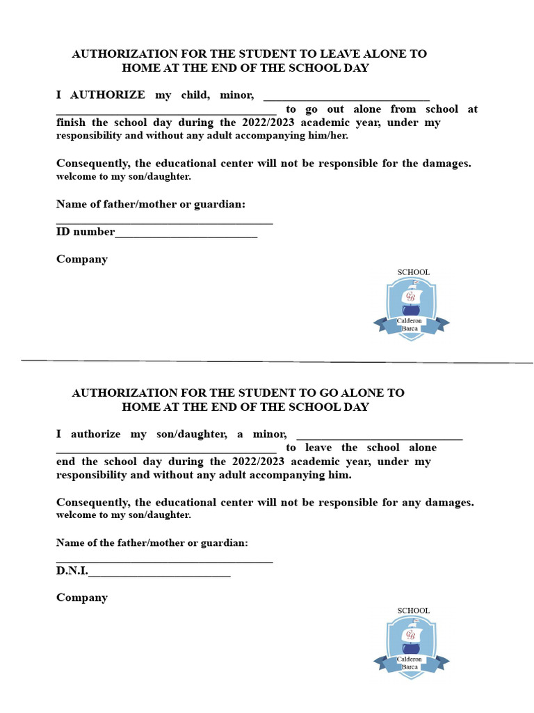 Authorization To Go Home Alone | PDF