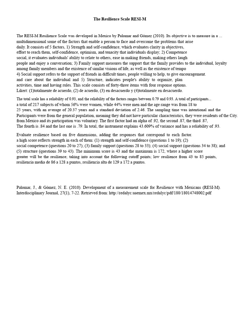RESI-M Resilience Scale Overview | PDF | Psychological Resilience ...