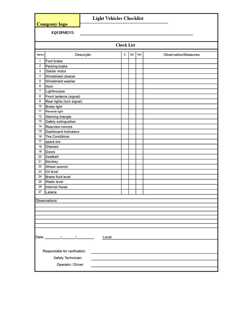 Light Vehicle Safety Inspection Checklist | PDF