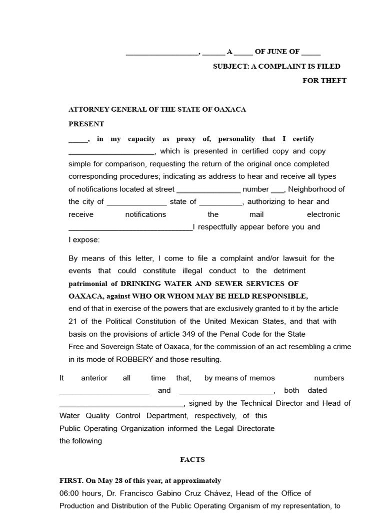 Complaint for Theft of Water Services Equipment | PDF | Complaint | Theft