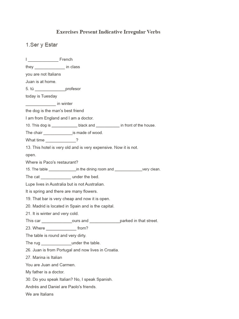 Exercises on Irregular Verbs: Ser & Estar | PDF