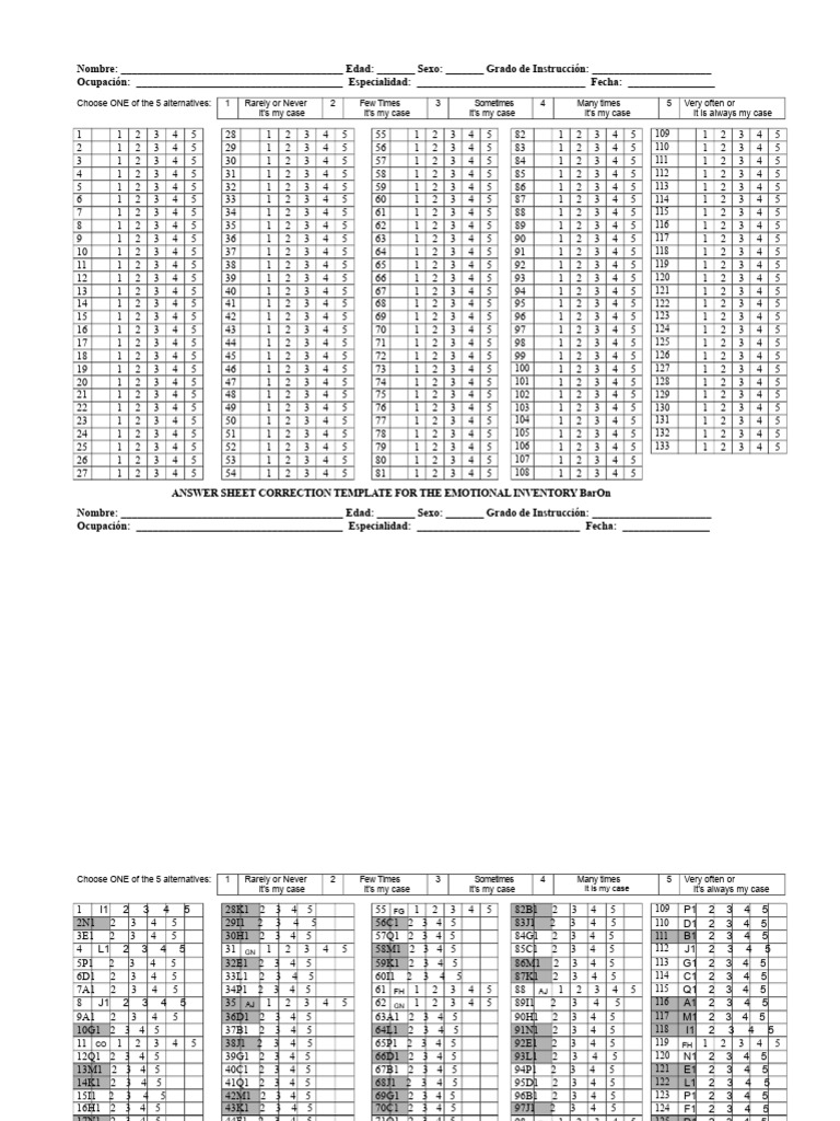 Emotional Inventory Answer Sheet | PDF | Subjective Experience | Cognition