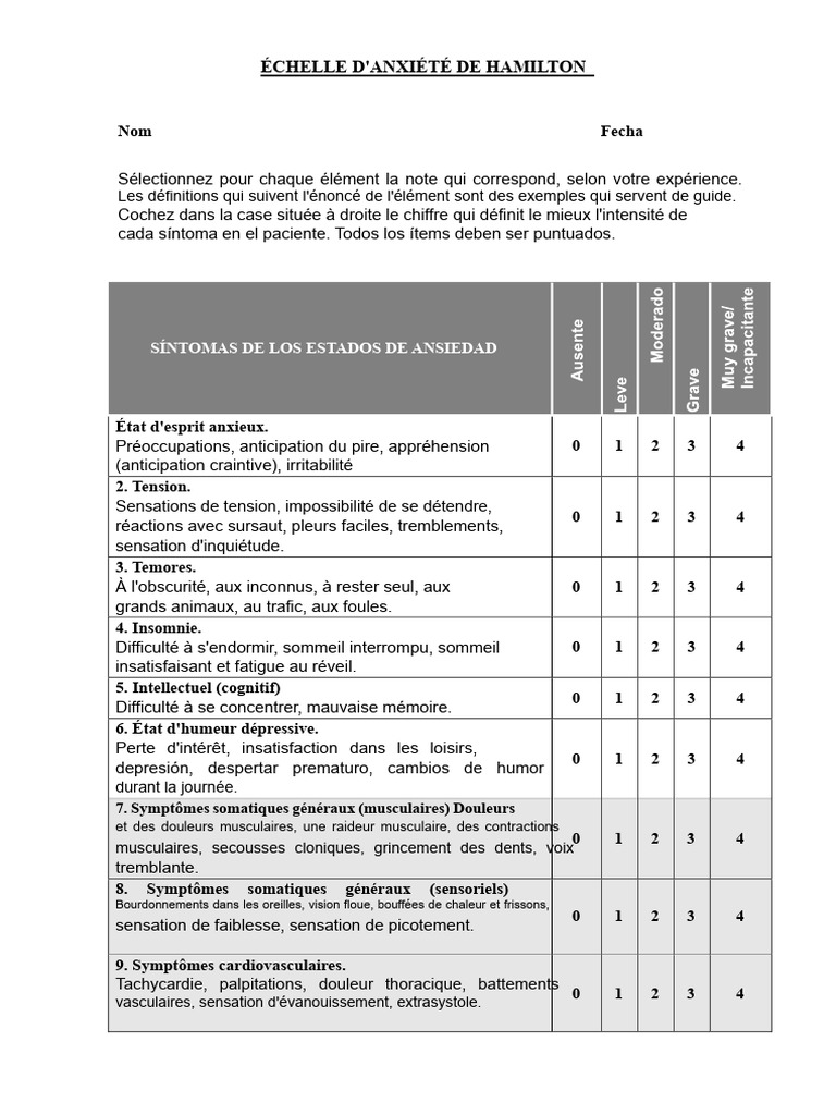 Échelle d'anxiété de Hamilton | PDF | Anxiété | Maladies et troubles