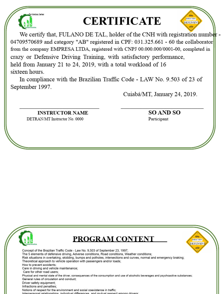 DEFENSIVE DRIVING CERTIFICATE | PDF | Driving | Traffic