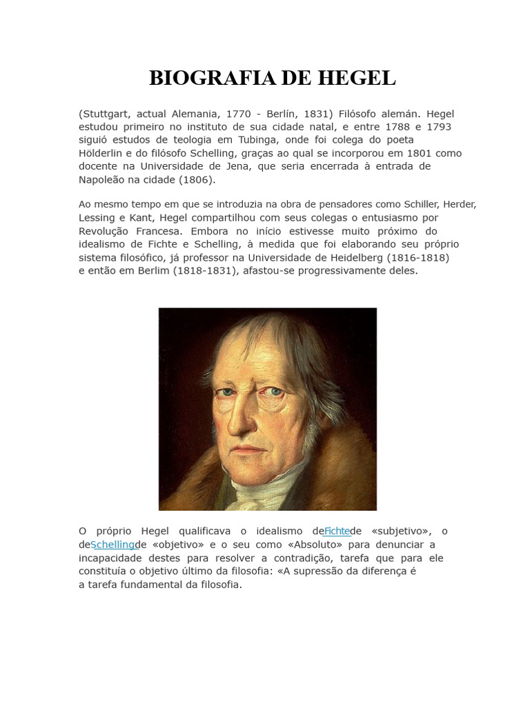 Biografia de Hegel | PDF | Idealismo alemão | Georg Wilhelm Friedrich Hegel