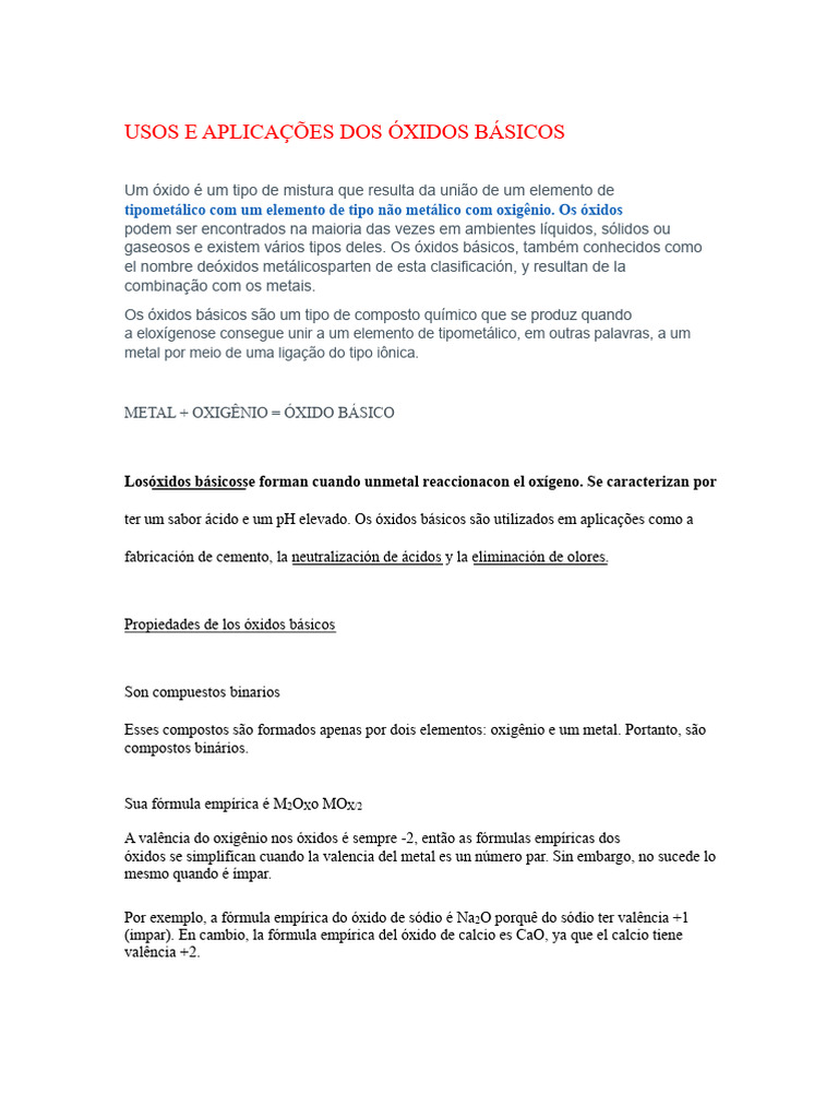 USOS E APLICAÇÕES DOS ÓXIDOS BÁSICOS | PDF | Óxido | Metais