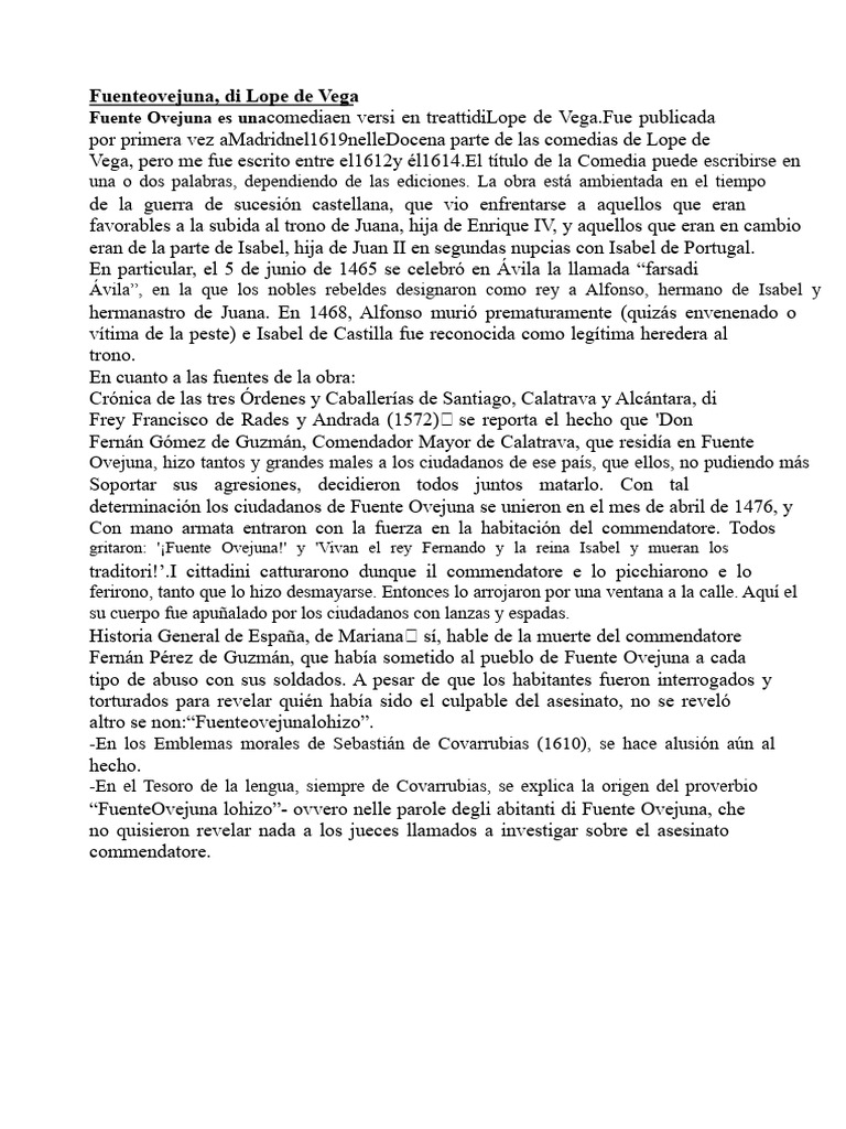 Fuenteovejuna: Comedia de Lope de Vega | PDF