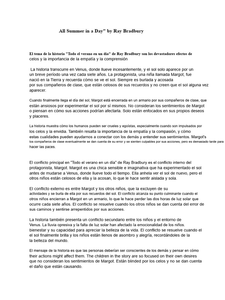Todo el verano en un día de Ray Bradbury 1 | PDF | Celos | Sicología