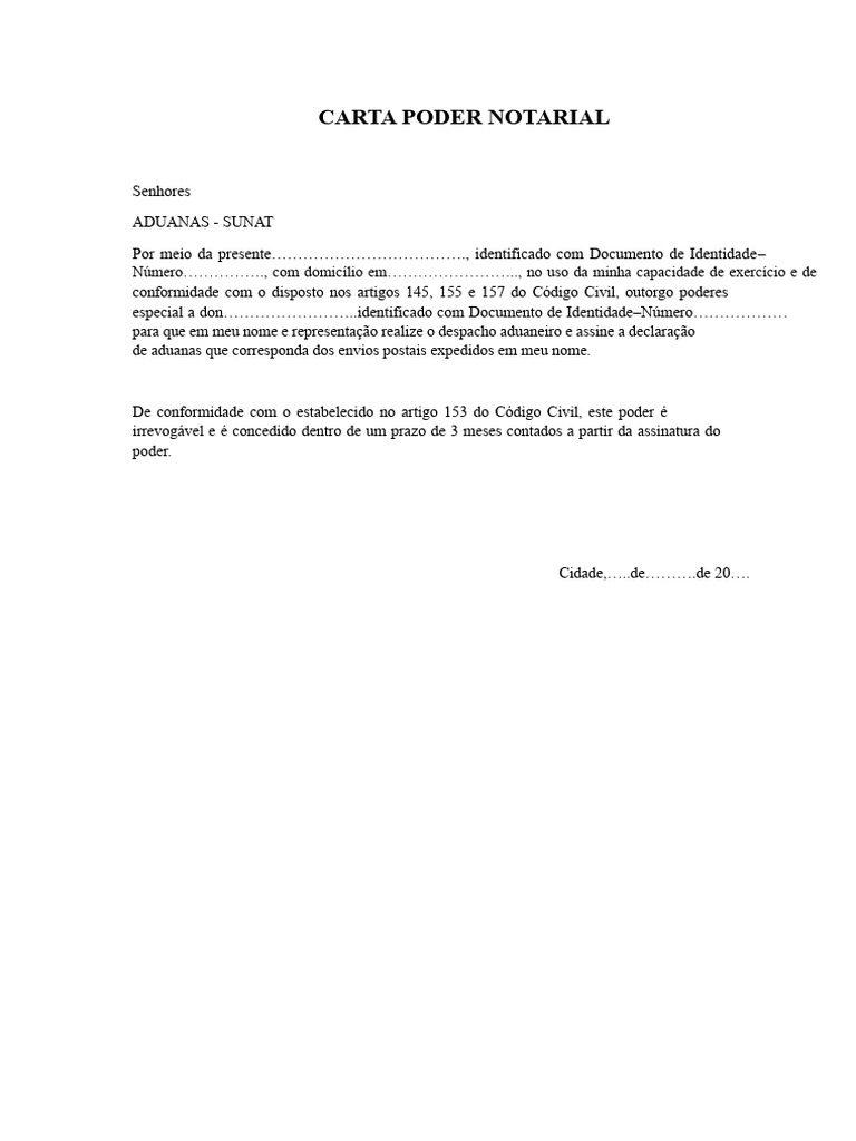 Carta Poder Notarial para Despacho Aduaneiro | PDF