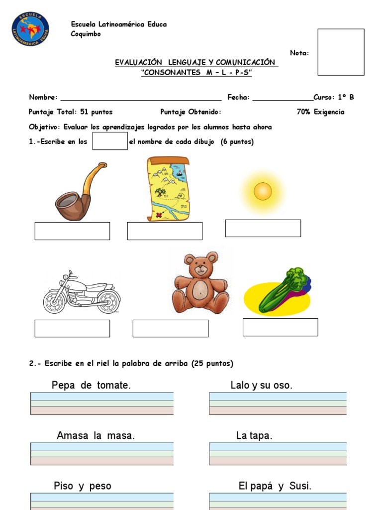 Evaluación Consonantes M, P, L, S 1º Básico | PDF