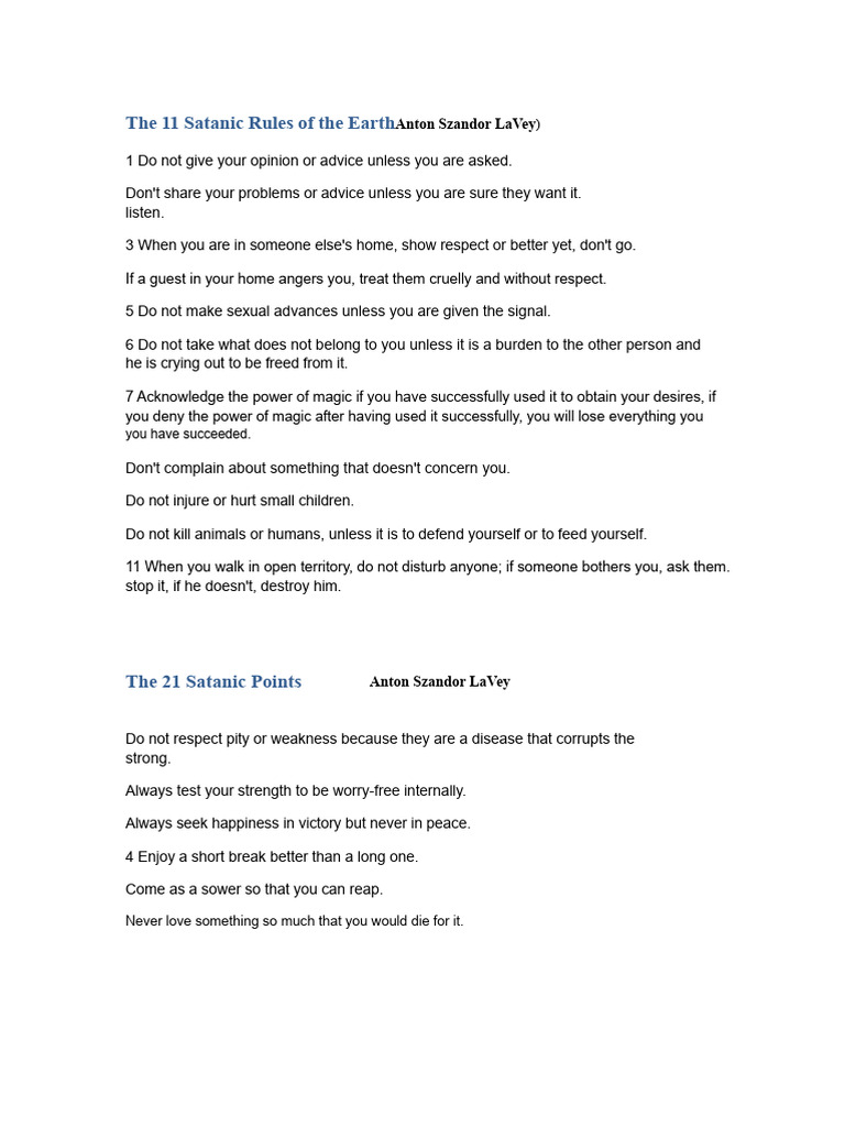 The 11 Rules and The 21 Satanic Points of The Earth | PDF