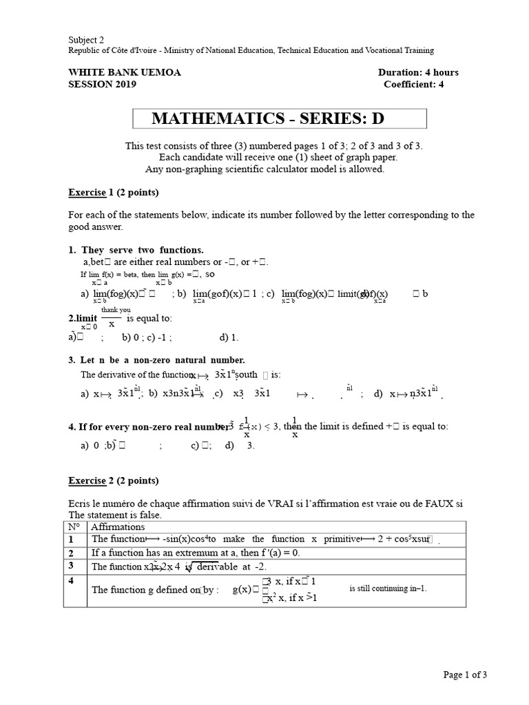 Subject-Math-White Bac-UEMOA-Series-D2-190512 | PDF | Function ...