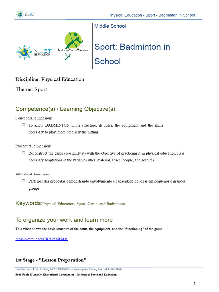 Badminton Lesson Plan for Schools | PDF | Sports