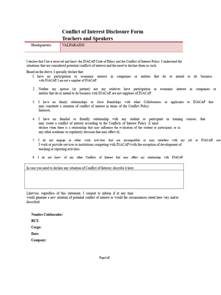 Format-Form For Declaration of Conflicts of Interest (Teachers and ...