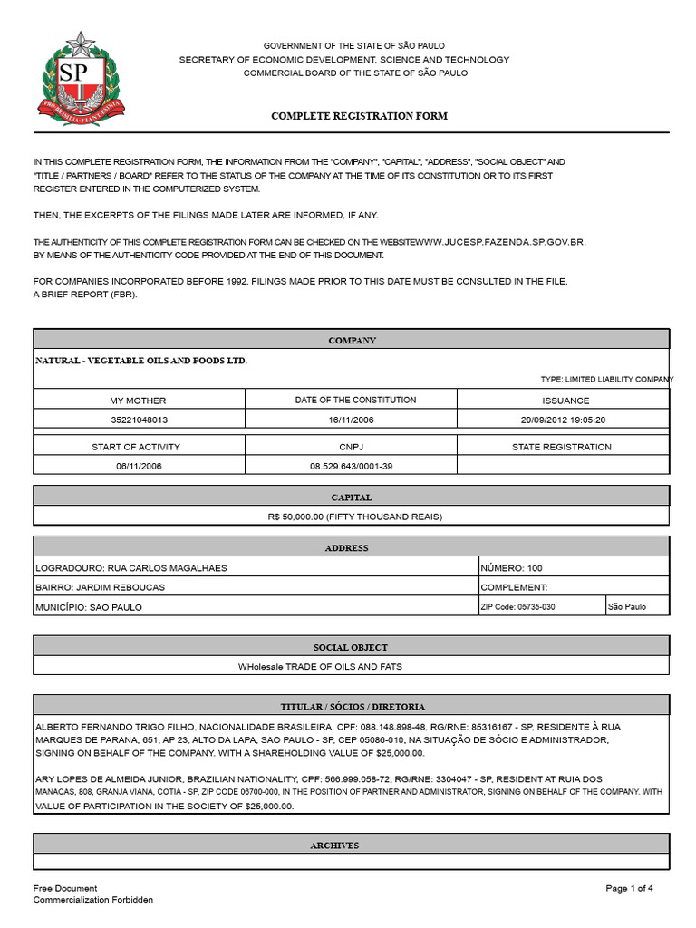 Complete Company Registration Form SP | PDF | Brazil