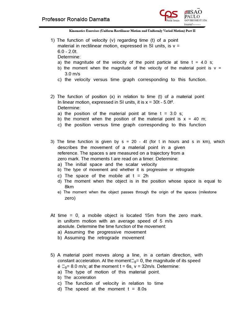 Kinematics Exercises (Uniform Rectilinear Motion and Uniformly Varied ...