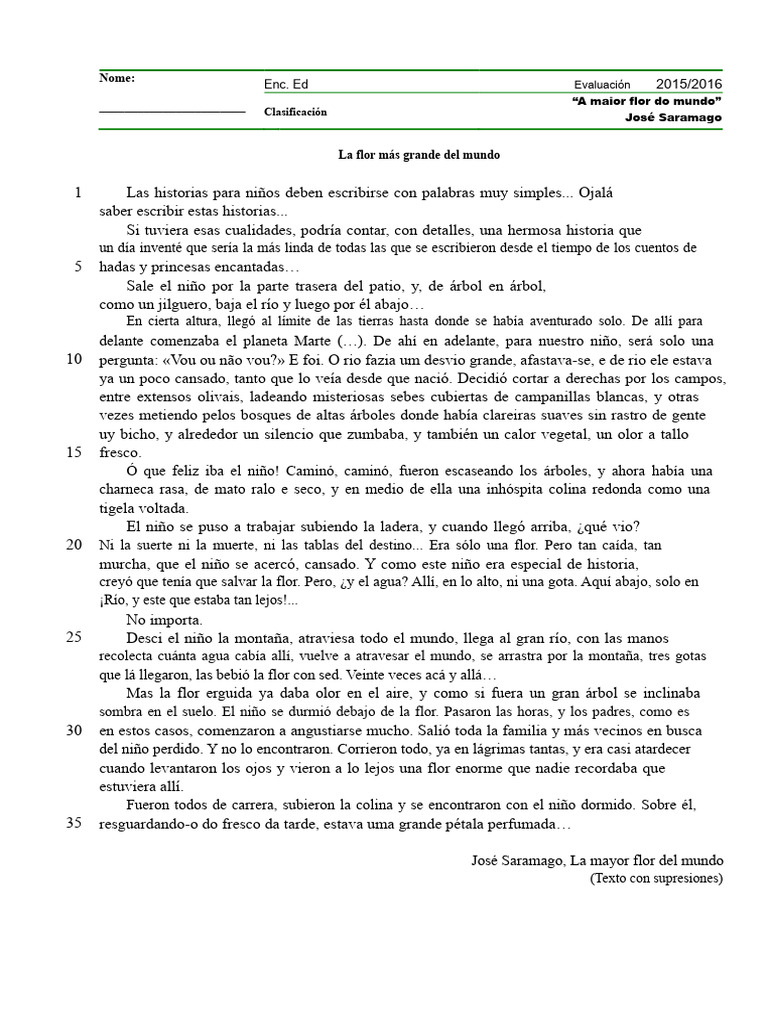 Análisis de "La mayor flor del mundo" | PDF | Ciencias de la Tierra ...