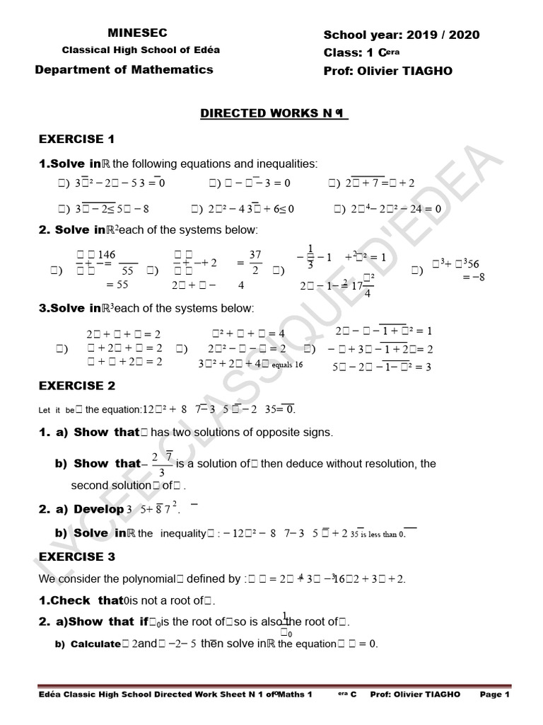 Mathematics - Classical High School of Edéa - 1ST C Class - 2020 ...