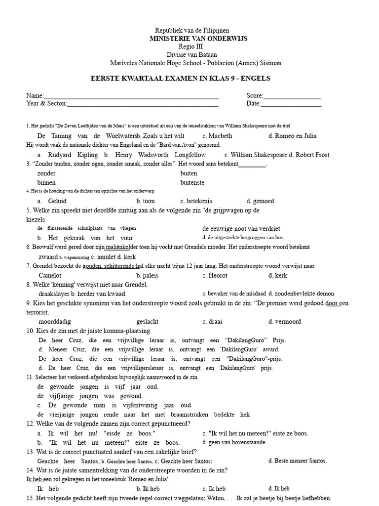 1e Periodieke Toets in Engels 9 | PDF