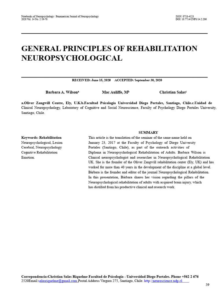 Principles of Neuropsychological Rehabilitation | PDF | Physical ...