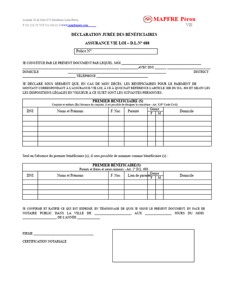 Déclaration Jurée Bénéficiaires Assurance Vie | PDF | Justice | Crime ...