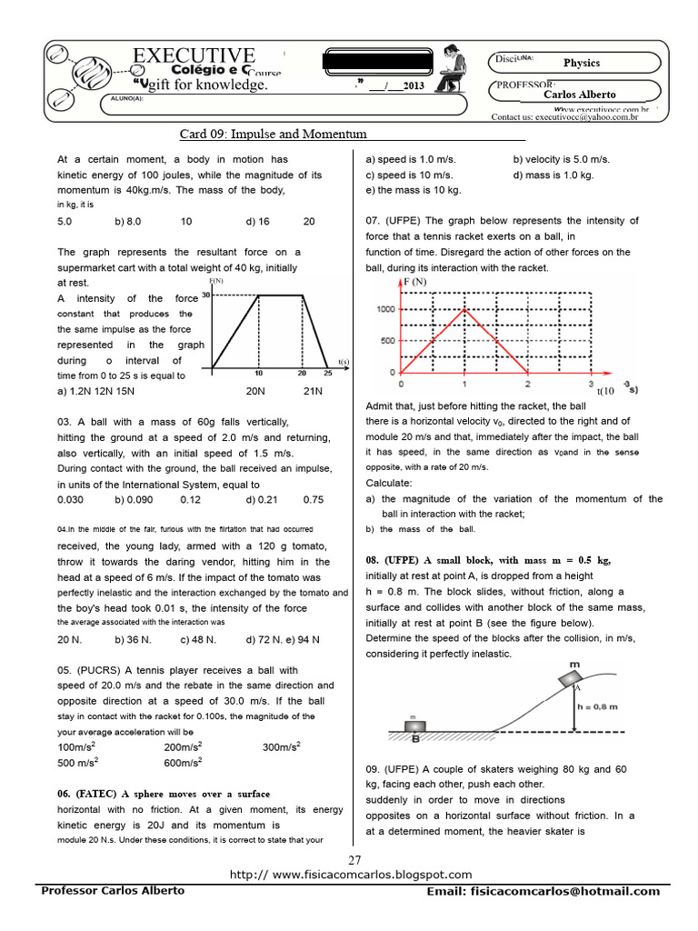Impulse and Momentum Physics Problems | PDF | Force | Momentum