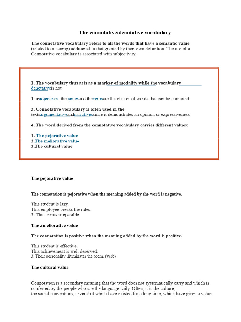 The Connotative-Denotative Vocabulary | PDF | Semantics | Definition