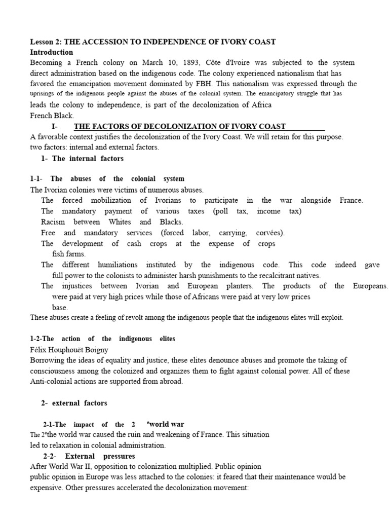 HIST Lesson 2 ACCESSION TO INDEPENDENCE OF IVORY COAST | PDF | Ivory ...