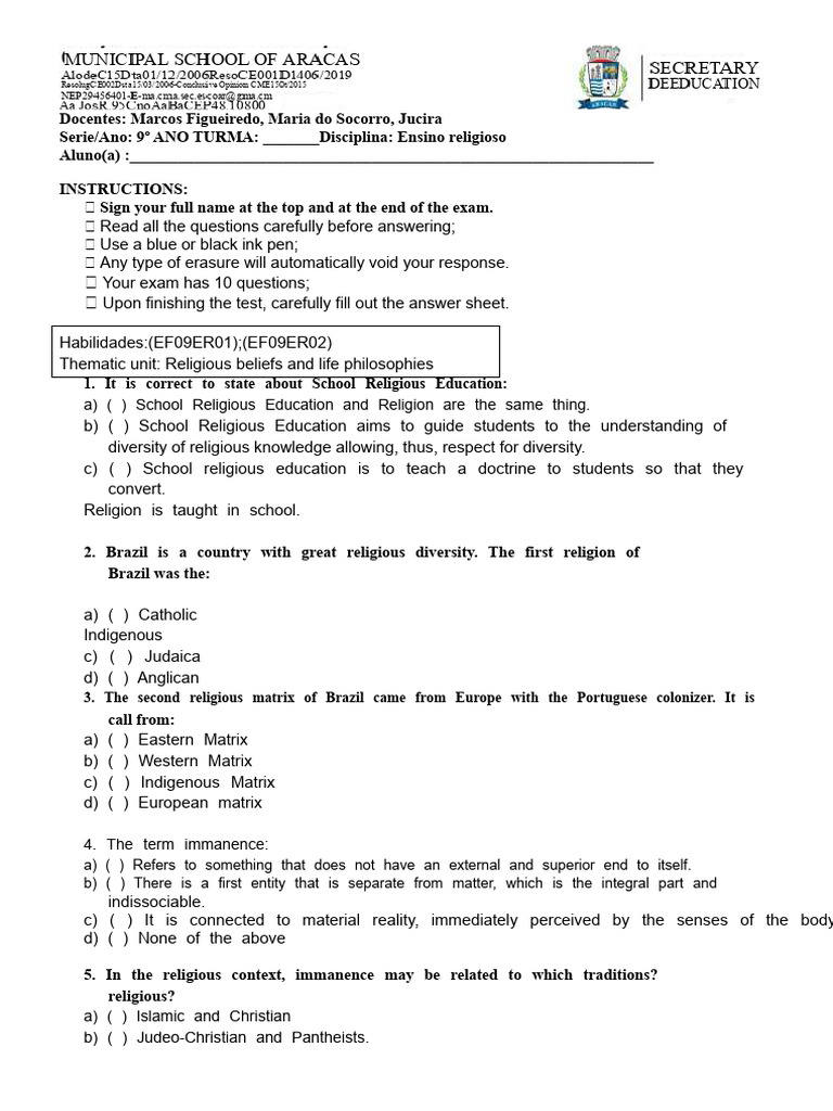 9th Grade Religious Education Exam | PDF | Transcendence (Religion) | God