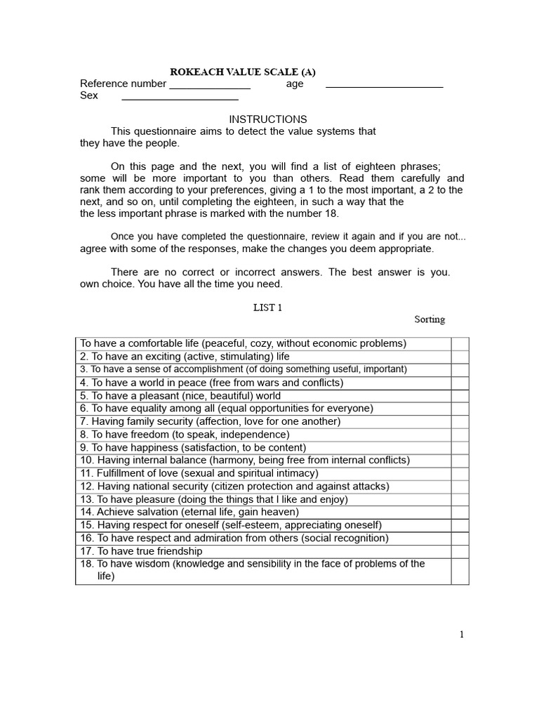 TEST Rokeach Value Scale | PDF | Psychology | Social Psychology