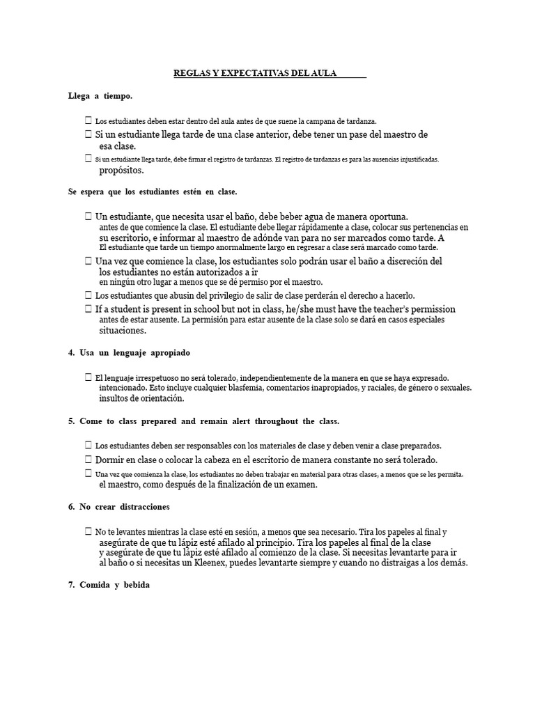 Reglas y Expectativas del Aula | PDF