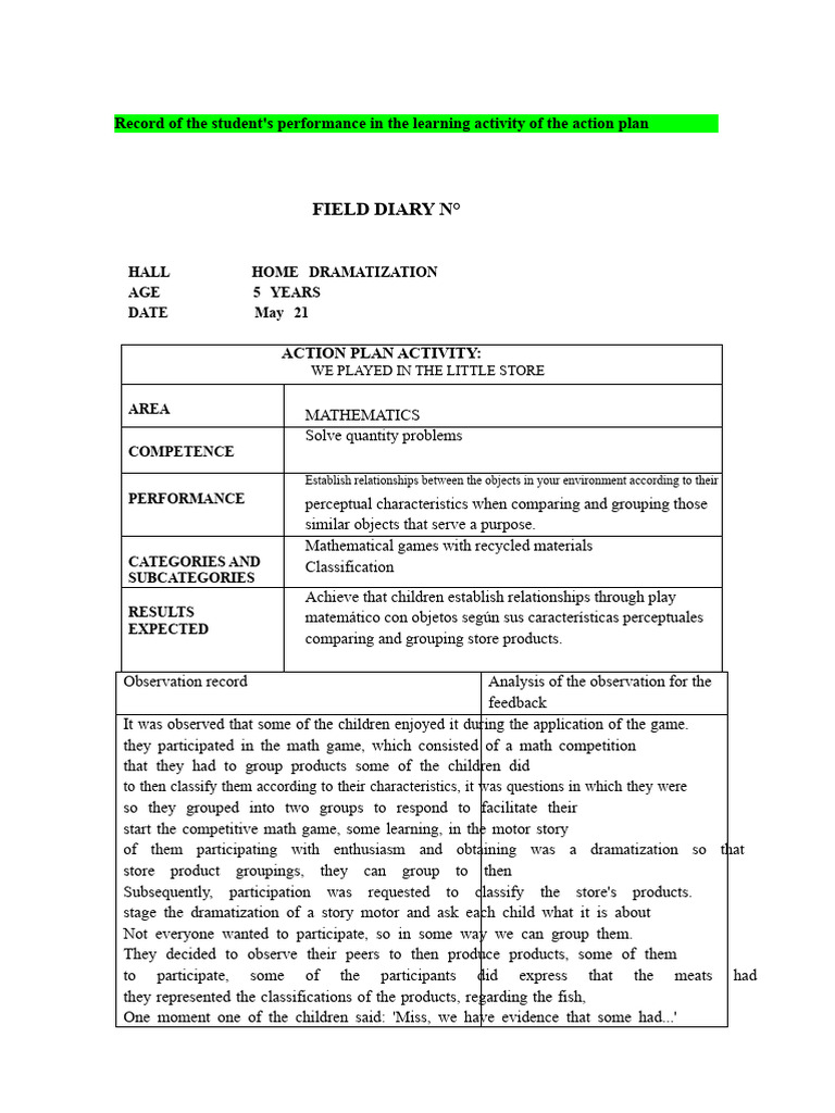 EXAMPLE FIELD DIARIES | PDF | Learning | Mathematics