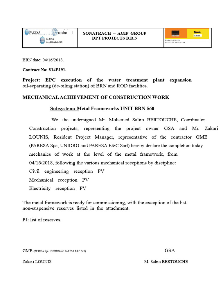 Mechanical Completion Report For Metal Framework | PDF