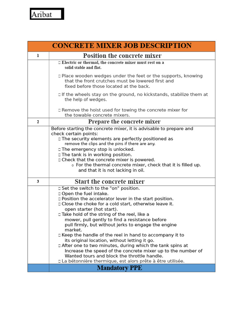 Concrete Mixer Job Description | PDF